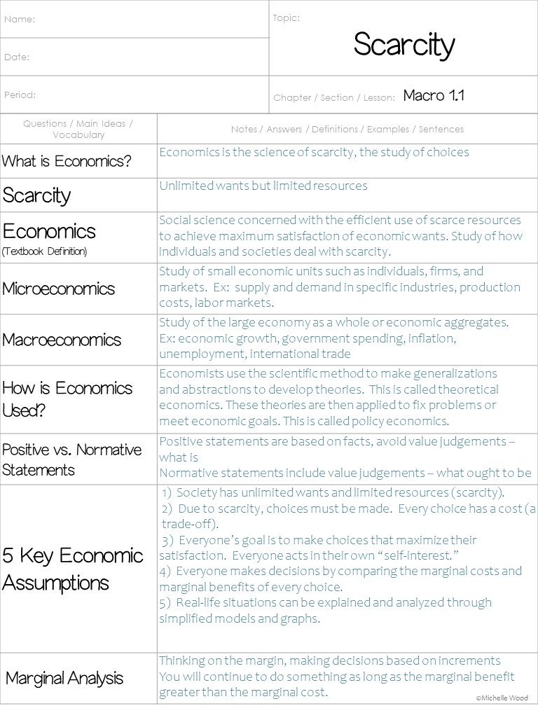 Macro 1.1 Scarcity Cornell Notes - Michelle Wood