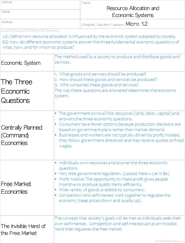 Micro 1.2 Resource Allocation and Economic Systems Cornell Notes ...