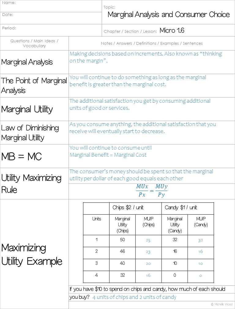 Micro 1.6 Marginal Analysis and Consumer Choice Cornell Notes ...