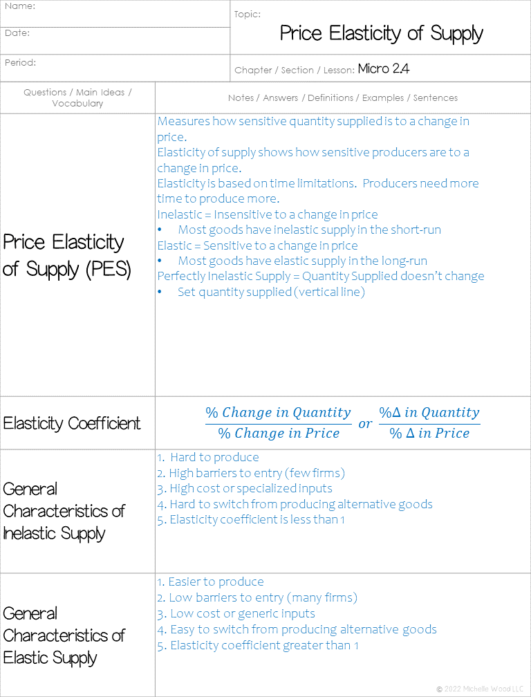 Micro 2.4 Price Elasticity of Supply Cornell Notes - Michelle Wood