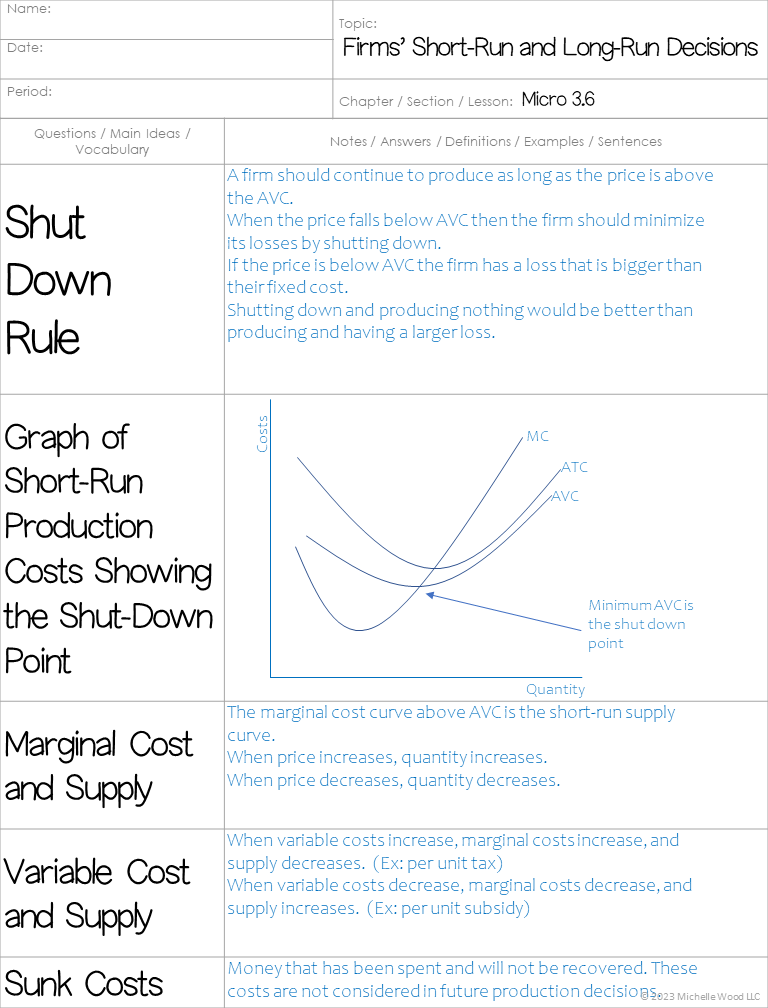 Micro 3.6 Firms' Short-Run and Long-Run Decisions Cornell Notes ...