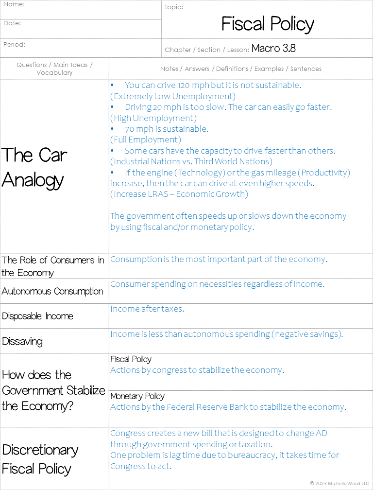 Macro 3.8 Fiscal Policy Cornell Notes - Michelle Wood