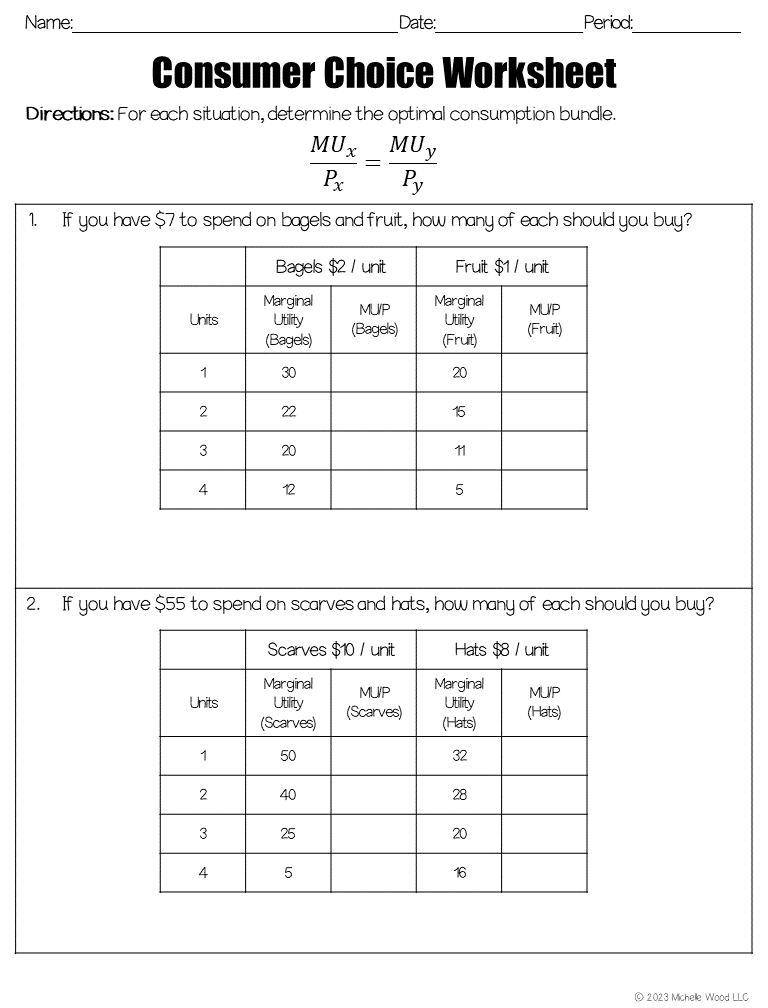 Marginal Analysis and Consumer Choice Worksheets - Michelle Wood