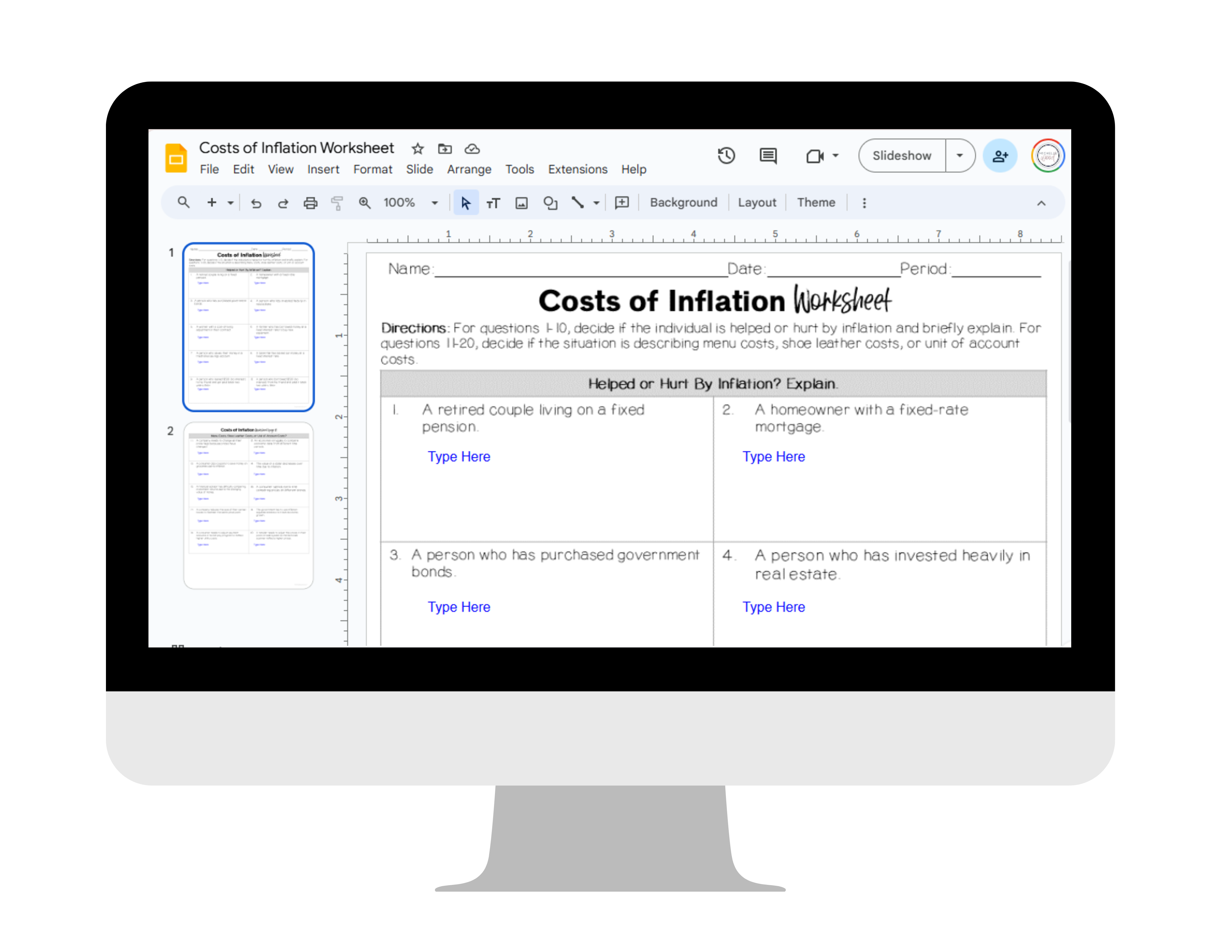 Costs of Inflation Worksheet - Michelle Wood