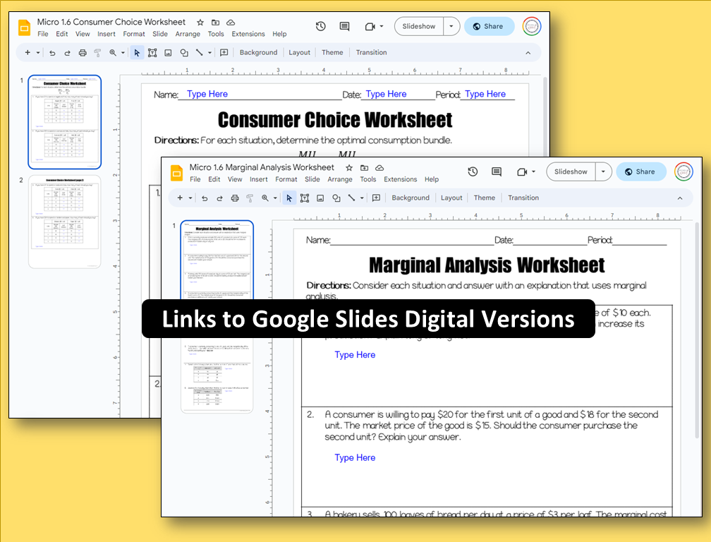 Marginal Analysis and Consumer Choice Worksheets - Michelle Wood