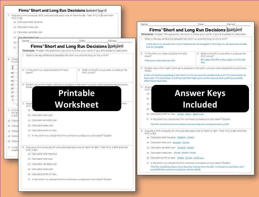 Firms' Short and Long Run Decisions Worksheets - Michelle Wood