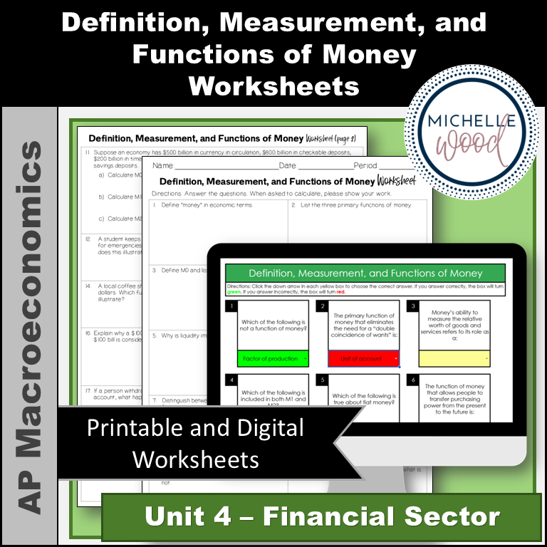 Definition, Measurement, and Functions of Money Worksheets - Michelle Wood