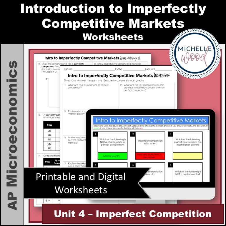 Introduction to Imperfectly Competitive Markets Worksheets - Michelle Wood